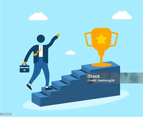 승리를 향한 등반 그림 황금 트로피를 향해 계단을 오르는 사업가의 개념 그림 사업가 계단 트로피 컨셉 디자인 개념에 대한 스톡 벡터 아트 및 기타 이미지 Istock