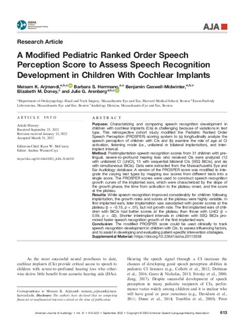 Pdf A Modified Pediatric Ranked Order Speech Perception Score To Assess Speech Recognition
