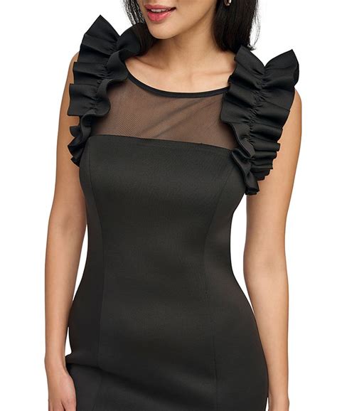 Eliza J Womens Illusion Yoke Scuba Ruffle Sheath Dress Macys