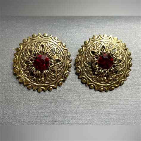 Starette Jewelry 93s Starette Red Glass Rhinestones Lg Gold Tone Scroll Work Clip On