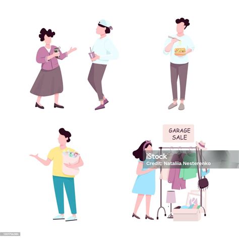 소비자 플랫 컬러 벡터 얼굴없는 문자 세트 차고 판매에서 여자 먹는 남자는 저녁 식사를 빼앗아 커피를 마시는 사람들 흰색 배경에