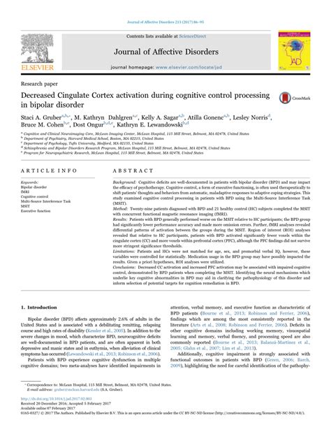 Pdf Decreased Cingulate Cortex Activation During Cognitive Control Processing In Bipolar Disorder