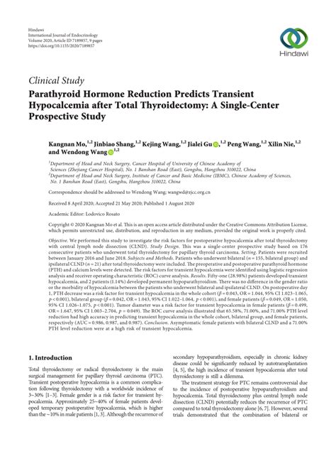 Pdf Parathyroid Hormone Reduction Predicts Transient Hypocalcemia After Total Thyroidectomy A