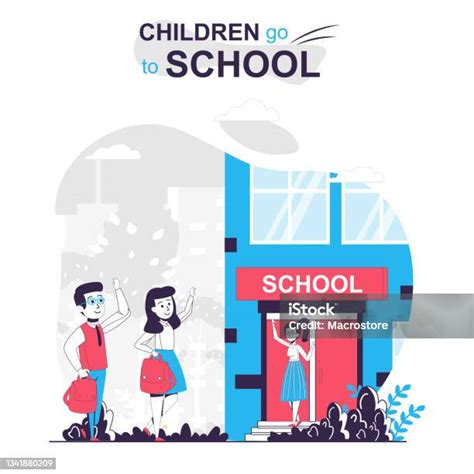 아이들은 학교 고립 된 만화 개념에 간다 반 친구들은 수업에 가고 교사는 학생들을 만나고 평평한 디자인의 사람들 장면 블로깅 웹 사이트 모바일 앱 홍보 자료에 대한 벡터