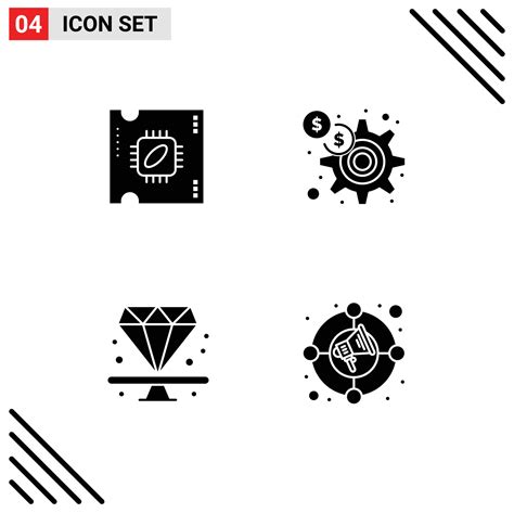 Set Of 4 Vector Solid Glyphs On Grid For Cpu Diamond Processor Chip Gear Present Editable Vector