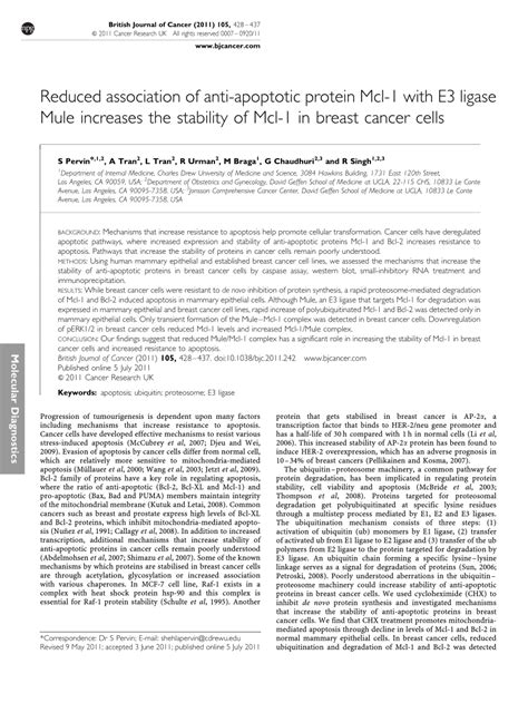 Pdf Reduced Association Of Anti Apoptotic Protein Mcl 1 With E3