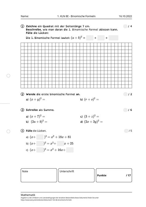 Arbeitsblatt 1 Kln 8e Binomische Formeln Mathematik Tutoryde