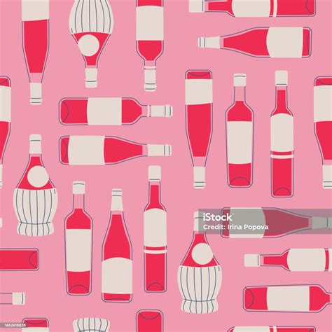 와인 병과 완벽한 패턴 다양한 유리 와인 병이 분홍색 배경에 혼란스럽게 반복됩니다 디자인 배경 포장 종이와 직물에 인쇄를 위한 벡터 인쇄 0명에 대한 스톡 벡터 아트 및