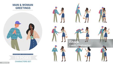 Orangorang Menyapa Pose Set Kartun Pria Wanita Karakter Menyapa Berpose