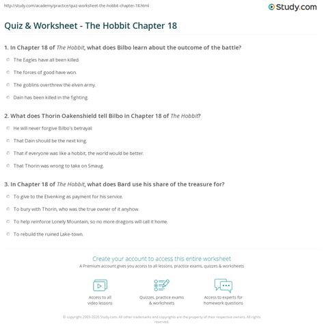 Quiz And Worksheet The Hobbit Chapter 18