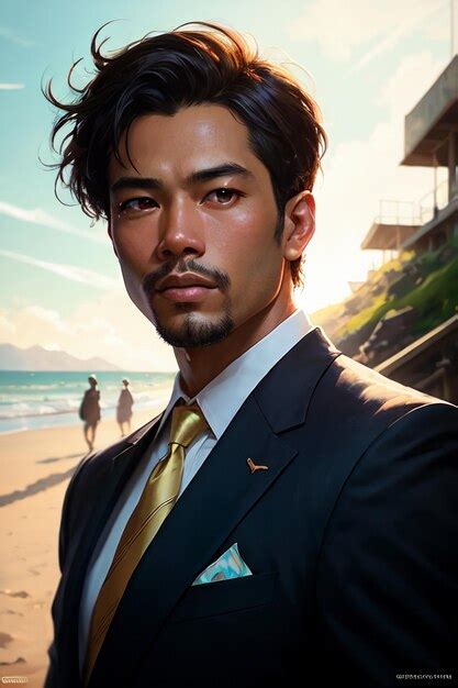 Premium Photo A Man In A Suit Stands On A Beach With A Sunset In The