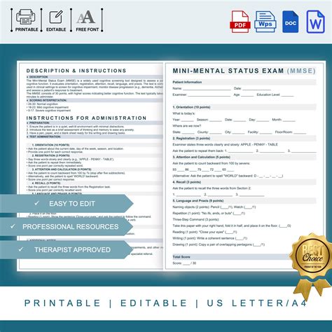 Editable Mini Mental Status Exam Mmse Template Cognitive Assessment