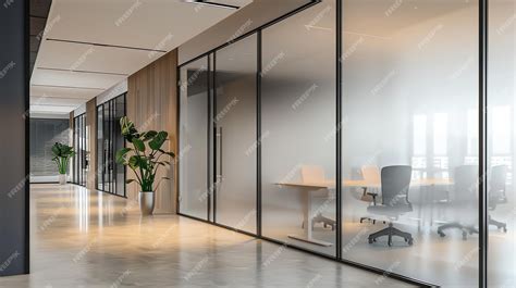 Modern Office Hallway With Frosted Glass Walls And A Conference Room