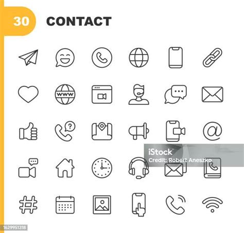 저희에게 라인 아이콘에 문의하십시오 편집 가능한 스트로크 픽셀 완벽한 모바일 및 웹용 캘린더 채팅 전자 메일 Faq 링크 지도