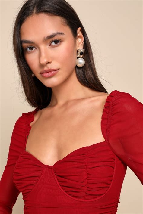 Dark Red Mini Dress Mesh Ruched Dress Bustier Mini Dress Lulus