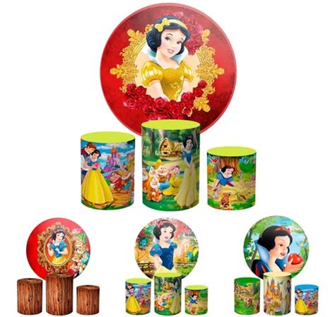 Kit Painel Redondo Branca De Neve Trio Cilindro Sublimado Parcelamento Sem Juros
