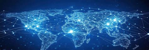Abstract World Map With Connected Nodes Illustrating Global Communication Over A Tech Style Blue
