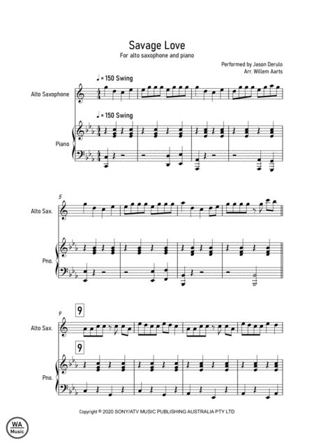Savage Love Arr Willem Aarts By Jason Derulo Jawsh Sheet Music For Alto Sax And Piano