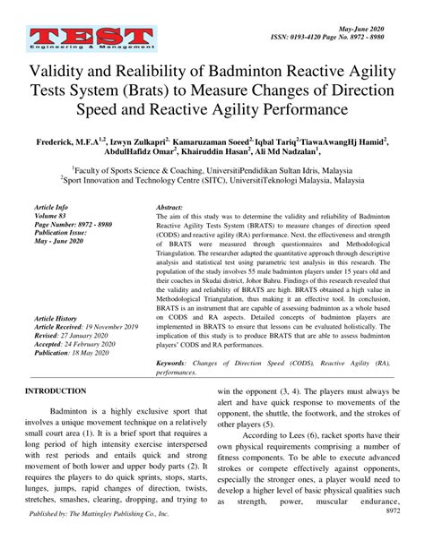 Pdf Validity And Realibility Of Badminton Reactive Agility Tests