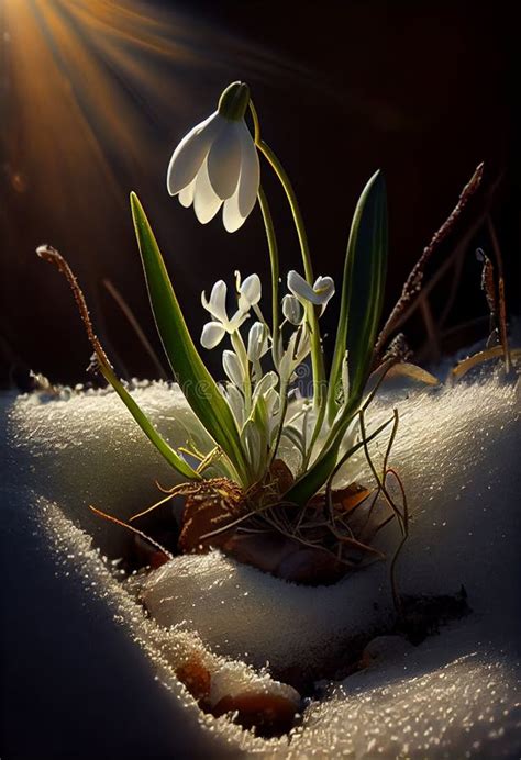 Spring Flower Grows On A Lawn In The Snow Under The Scorching Sun In