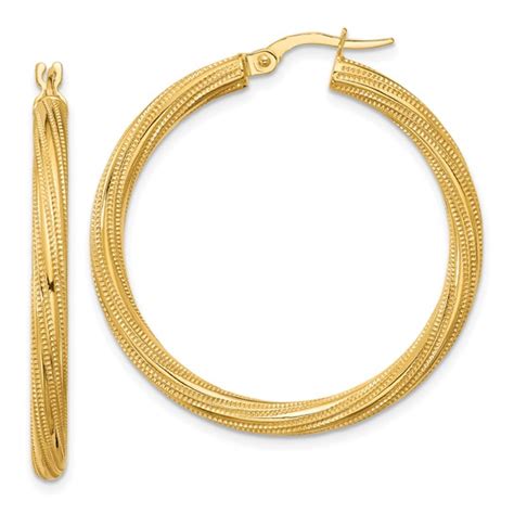 10k Yellow Gold Italian Polished And Textured Twisted Tube Hoop