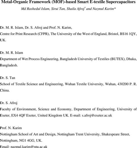Metal Organic Framework Mof Based Smart E Textile Supercapacitors Energy Chemrxiv