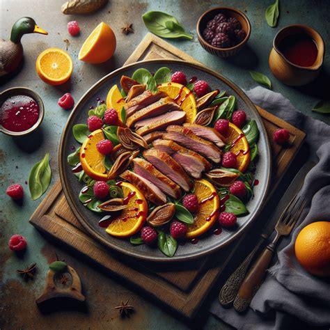 Ensalada De Pato Confitado Con Naranja Y Vinagreta De Frambuesa