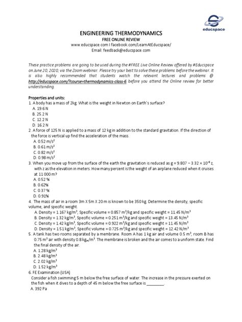 Thermodynamics Problem Set Educspace Pdf Mole Unit Temperature