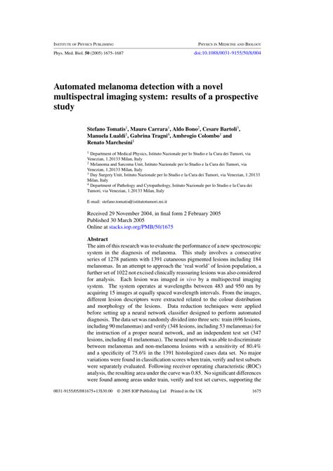 Pdf Automated Melanoma Detection With A Novel Multispectral Imaging System Results Of A