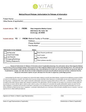 Fillable Online Medical Record Release Authorization For Release Of