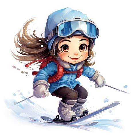 Premium Photo Cartoon Girl Skiing Down A Slope With A Blue Helmet And