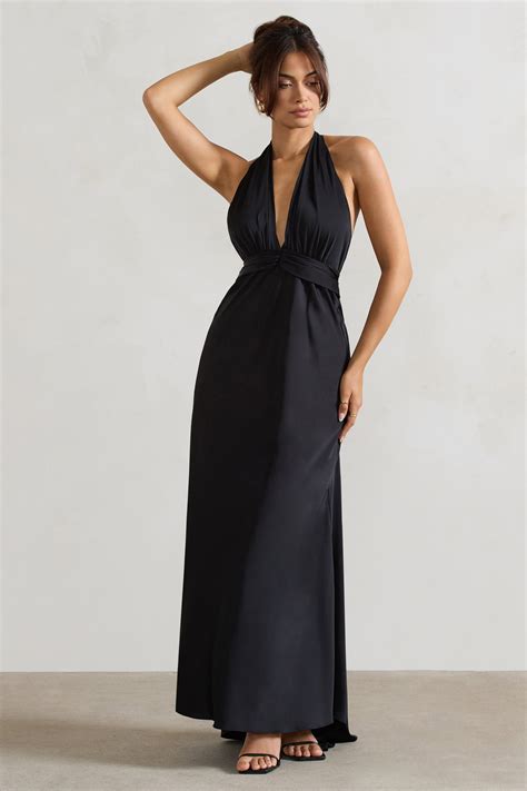 Carolyn Black Satin Plunge Maxi Dress With Dipped Hem Club L London Uk