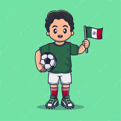 Lindo Jugador De Fútbol De México En Kit Con Bandera Y Bola De Dibujos