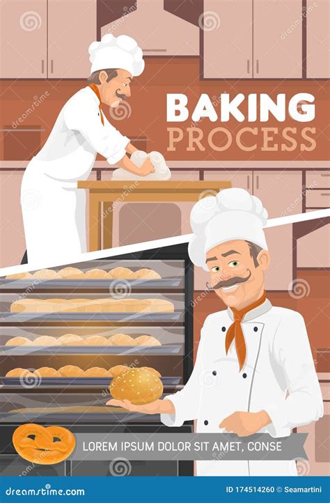 Baking Process Baker Baking Bread And Desserts Stock Vector