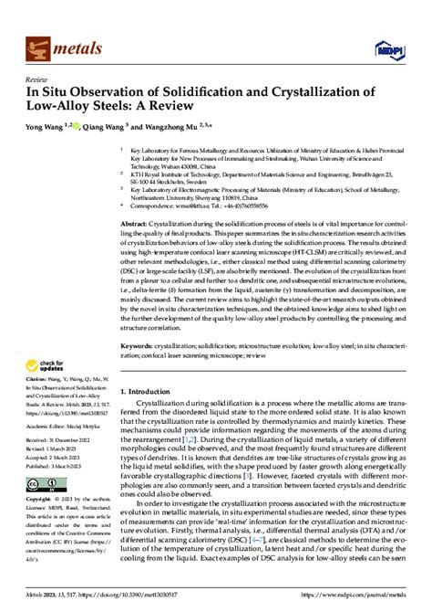 Pdf In Situ Observation Of Solidification And Crystallization Of Low Alloy Steels A Review