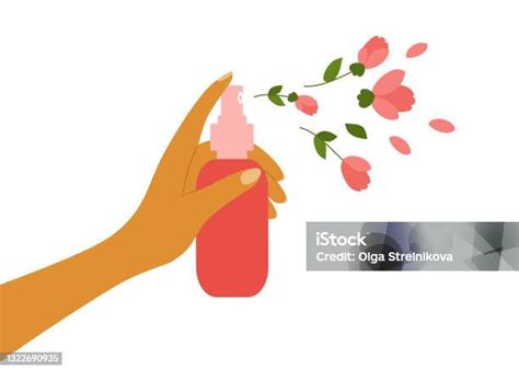 여성 손 들고 에어로졸 디스펜서와 장미 물 꽃 수압 또는 향수의 살포 향수 미용 위생 제품에 대한 스톡 벡터 아트 및 기타