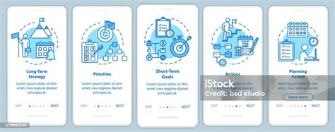개념과 모바일 앱 페이지 화면을 온보딩 시간 전략 계획 및 스키밍 5단계 그래픽 지침에 대한 타겟팅 연습 Rgb 색상 일러스트레이션이 있는 Ui 벡터 템플릿 개념에 대한