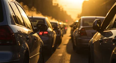 Congested Road With Cars In Evening Light Traffic Jam Stock