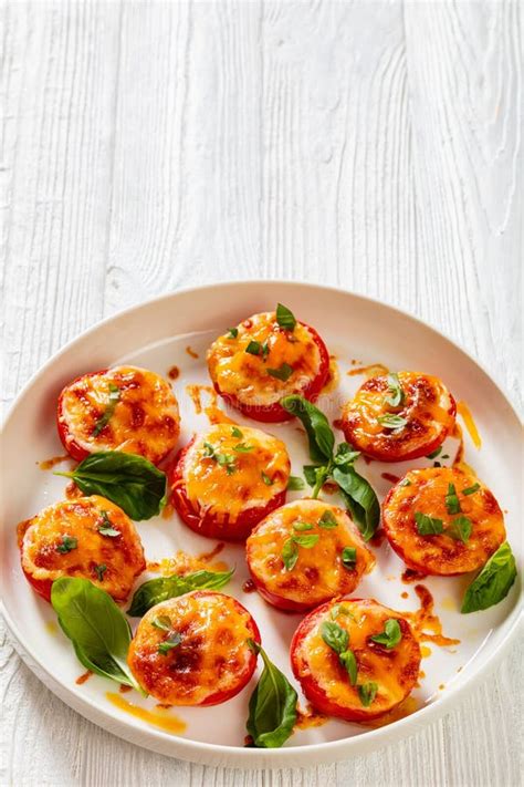 Baked Tomatoes With Mozzarella Cheddar Parmesan Stock Image Image