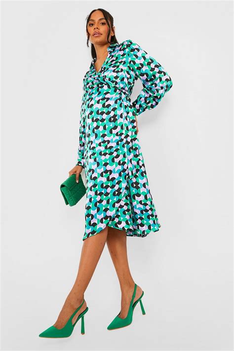 Maternity Geo Satin Wrap Midi Dress Boohoo