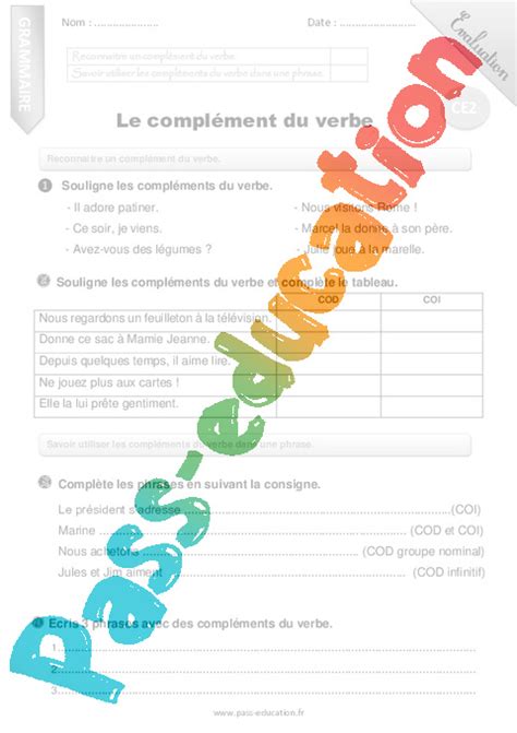 Complément du verbe Ce Evaluation Bilan Cycle PDF à imprimer