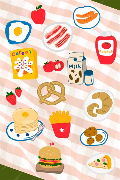 귀여운 음식 낙서 스티커 세트 벡터 무료 벡터