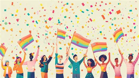 Pride Parade Fun Diverse Lgbtq Cartoon Characters With Flags Stock Illustration Illustration