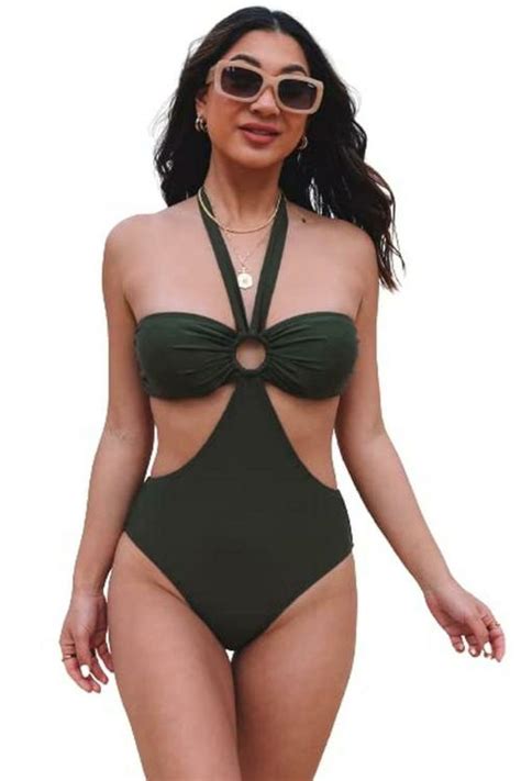 Buy Plus Curvves Green Halter O Ring Ruched Bust One Piece Swimsuit S
