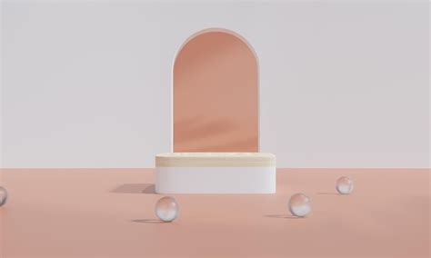 カラフルなパステル調の背景と木または葉の表彰台が広告ディスプレイの 3d レンダリングに立つ プレミアム写真