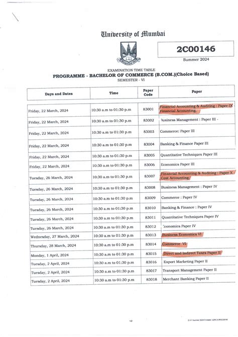 University Exam Time Table March 2024 Burhani College