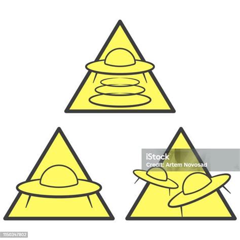세 Ufo 경고 아이콘납치 공격 및 도착 지역 흰색 바탕에 벡터입니다 가오리상목에 대한 스톡 벡터 아트 및 기타 이미지