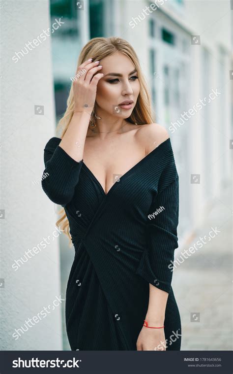 Sexy Long Haired Blonde Black Bodycon Stock Photo Shutterstock