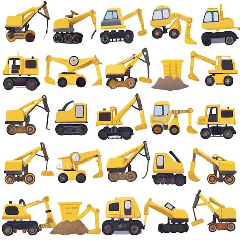 白い背景に隔離された漫画の黄色い建設車両のコレクション Premium Ai生成ベクトル画像
