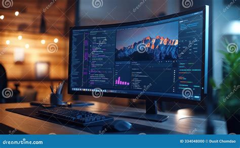 A Sleek Curved Monitor Displays Vibrant Data Visualizations And Coding